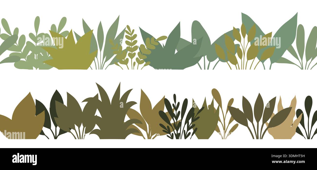 Set of horizontal botanical borders made of layered leaves and plants ...