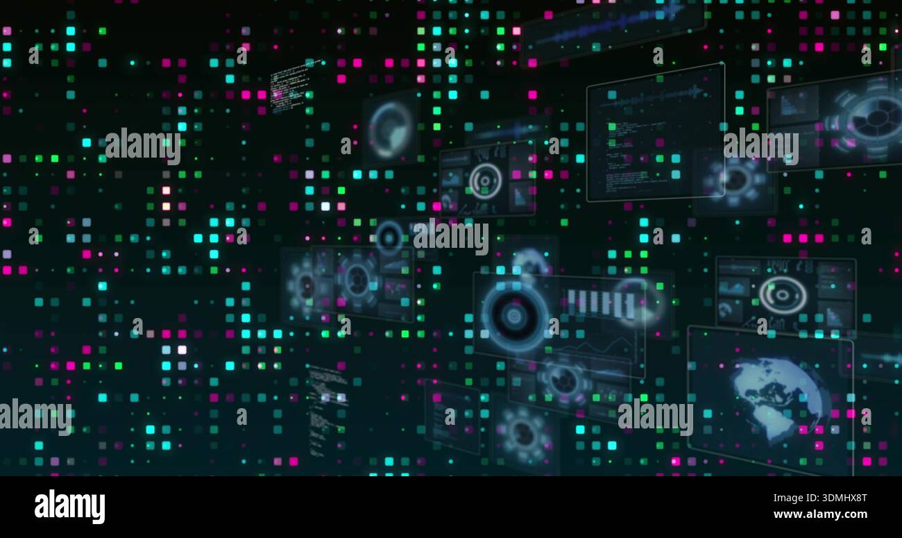Floating holographic panels hovering in digital space, with circular ...