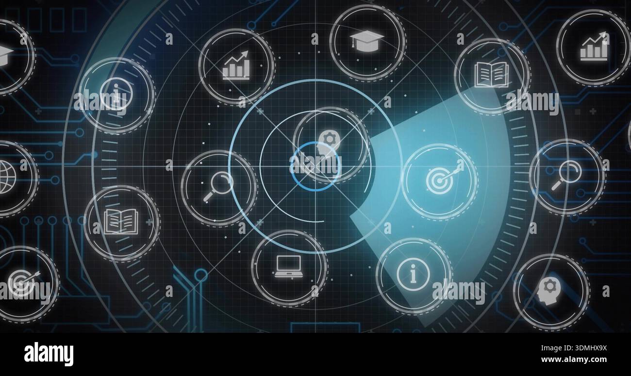 Scanning central radar HUD sweeping blue sector over grid, circuit ...
