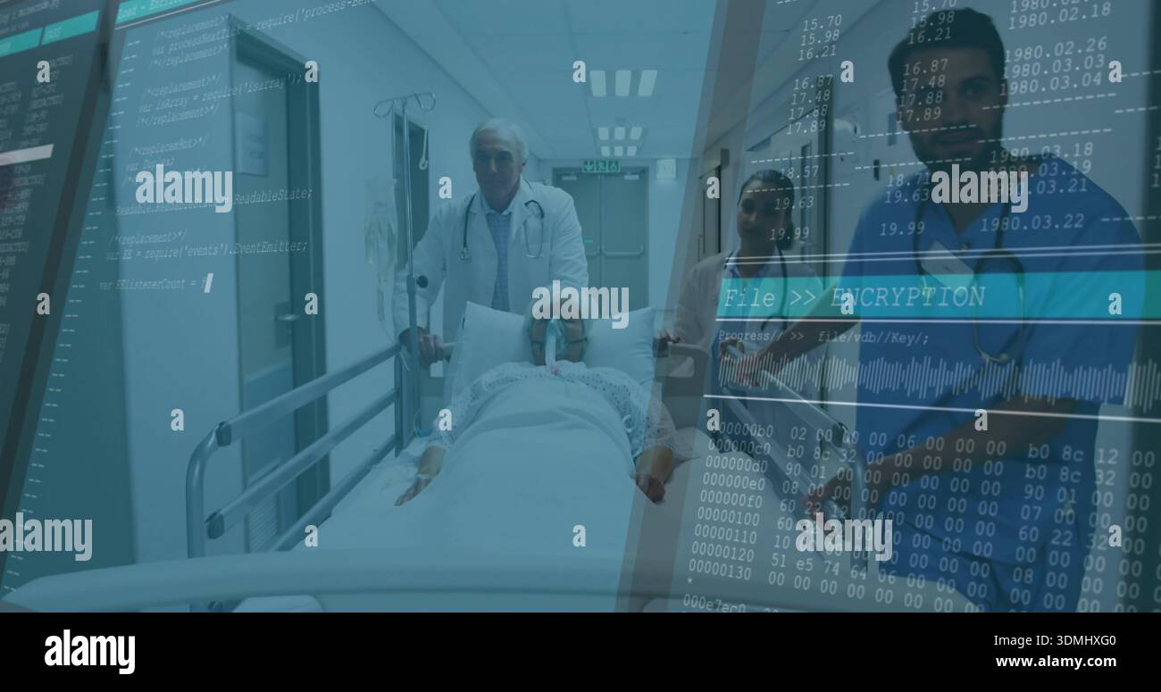 Pushing whitecoat doctor moving patient with O2 mask on gurney down ...