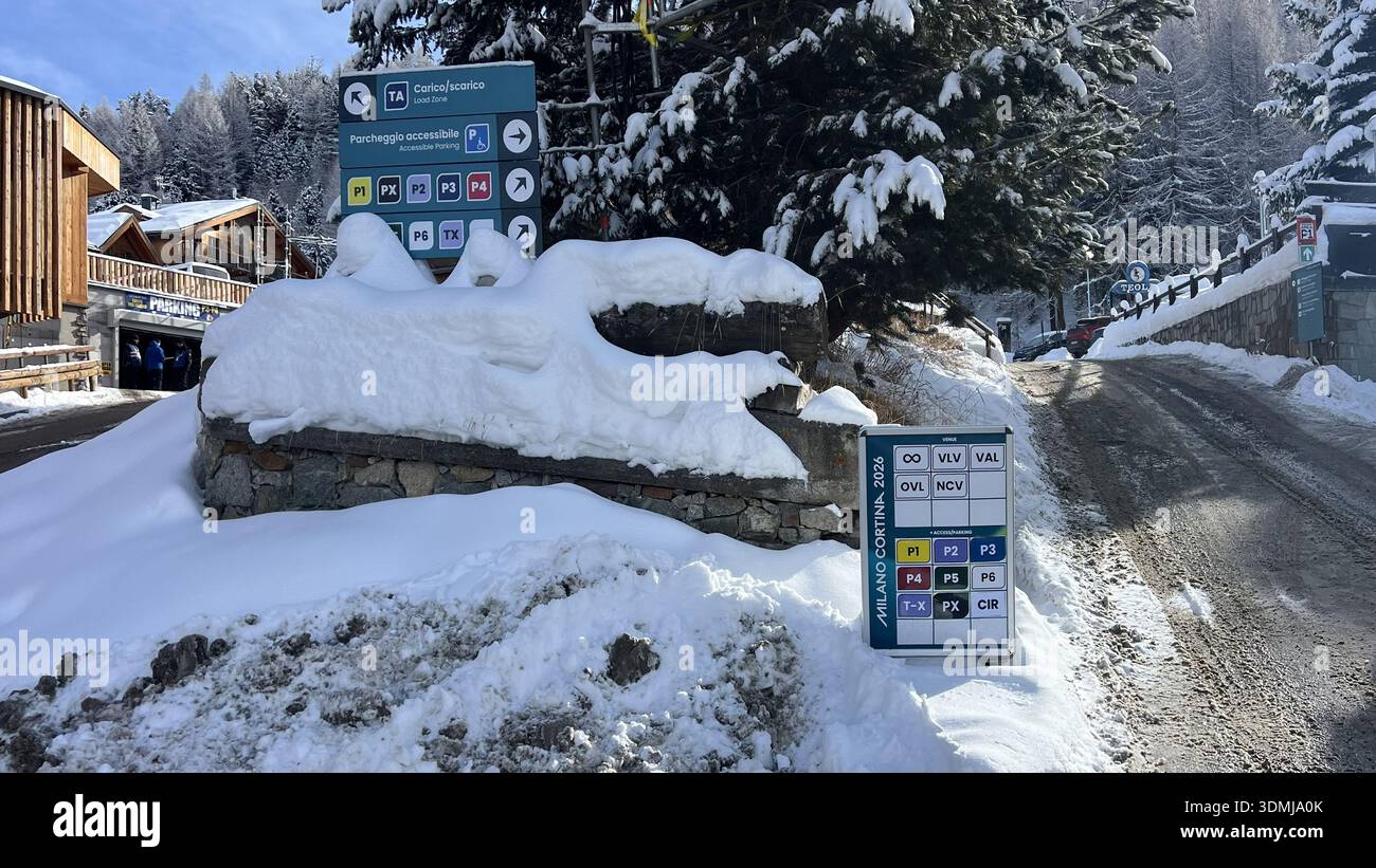 Livigno, Italy - February 5, 2026: Directional signage and parking ...