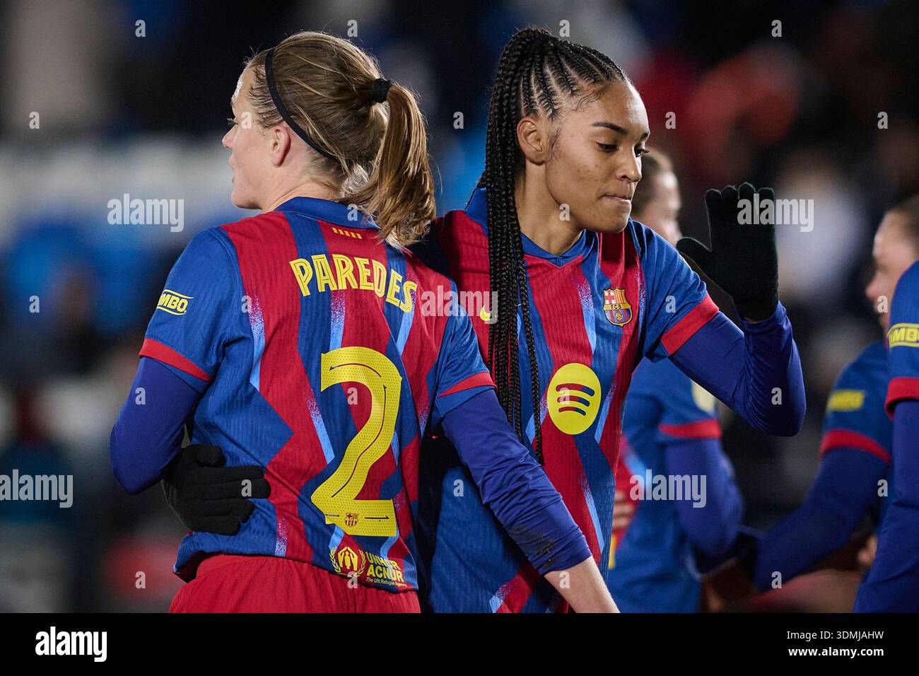 FC Barcelona’s Irene Paredes (L) and Salma Paralluelo celebrate a win ...