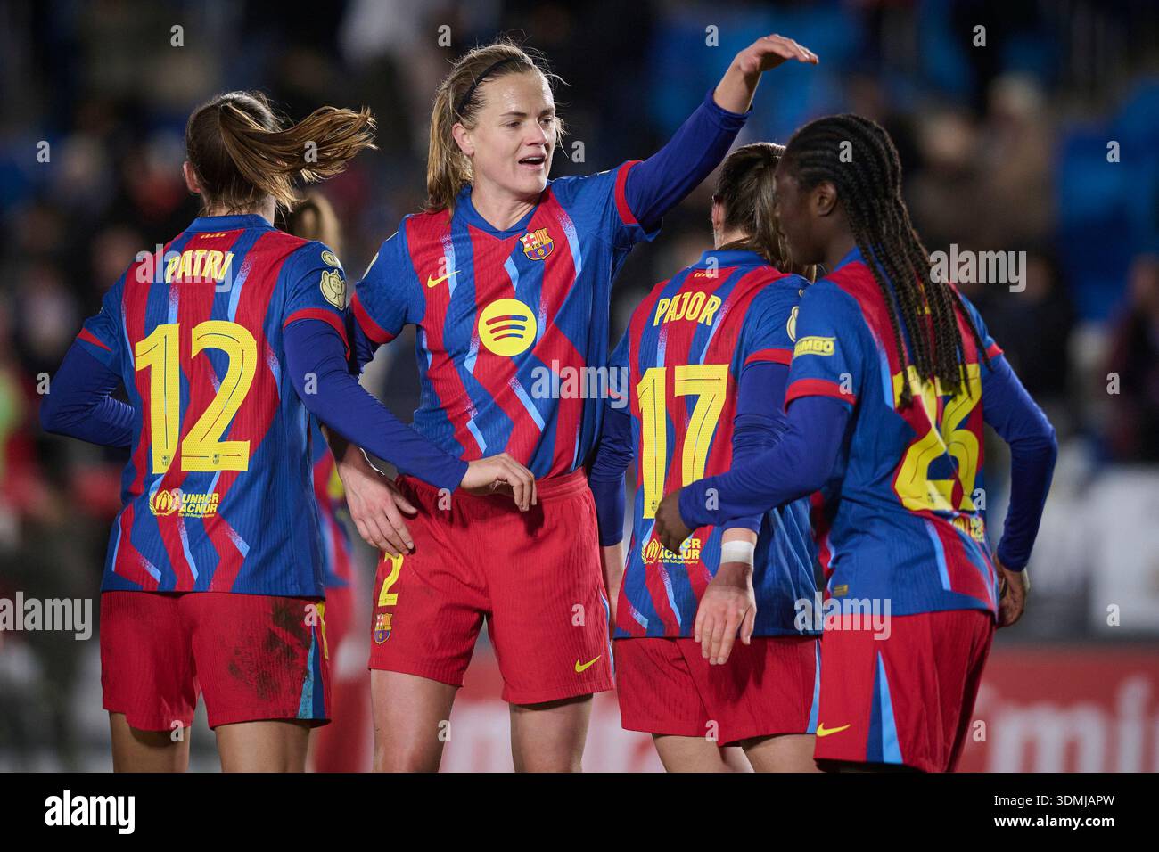 FC Barcelona’s Irene Paredes (C) and Aicha Camara celebrate a win ...