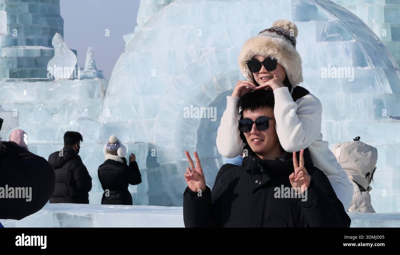 Visitors enjoy the 27th Harbin Ice and Snow World despite the cold ...