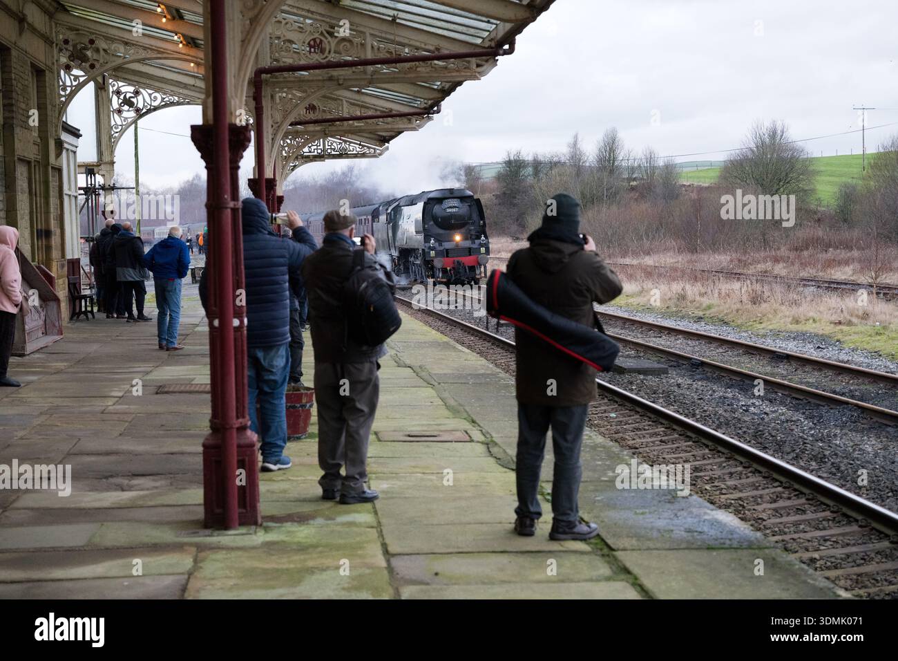 Steam locomotive 'Tangmere' arrives at Hellifield railway station ...