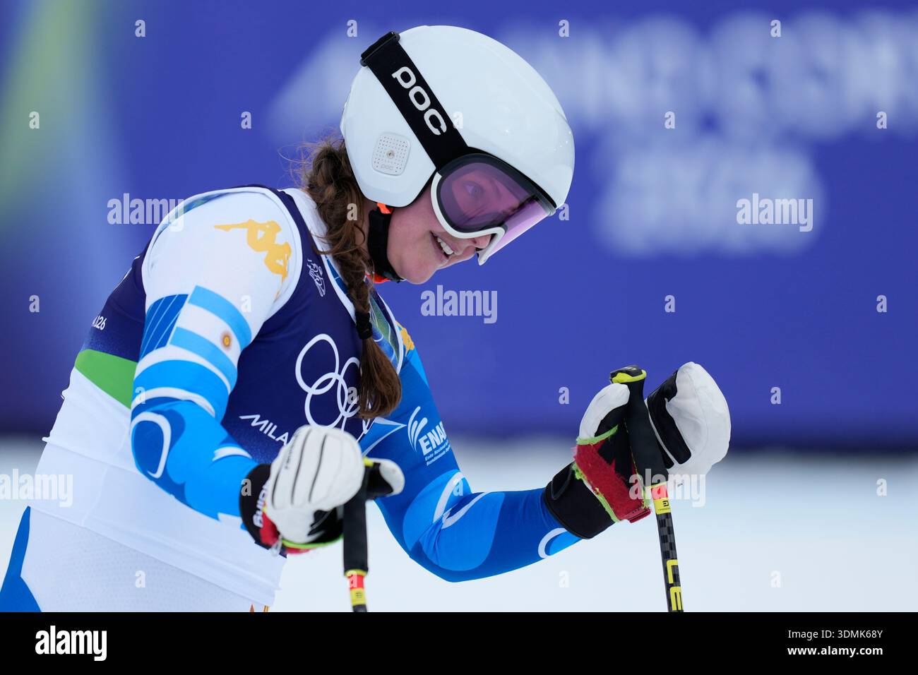 Argentina's Nicole Begue at the finish area during an alpine ski, women ...