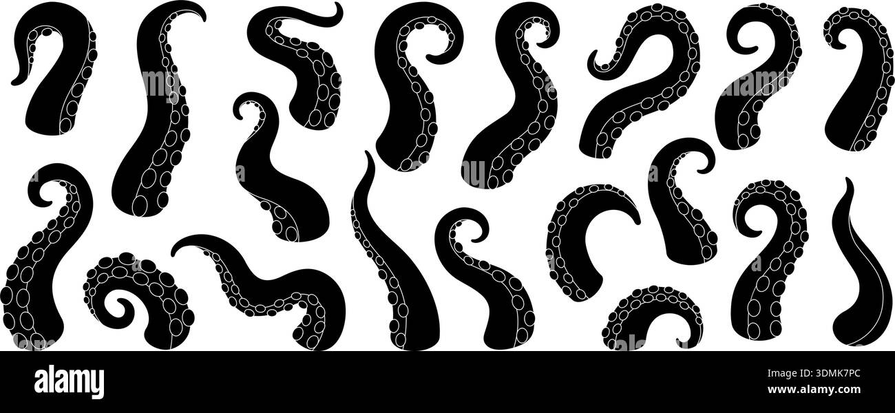Squid tentacles with suction cups. Vector curled octopus arms for ...