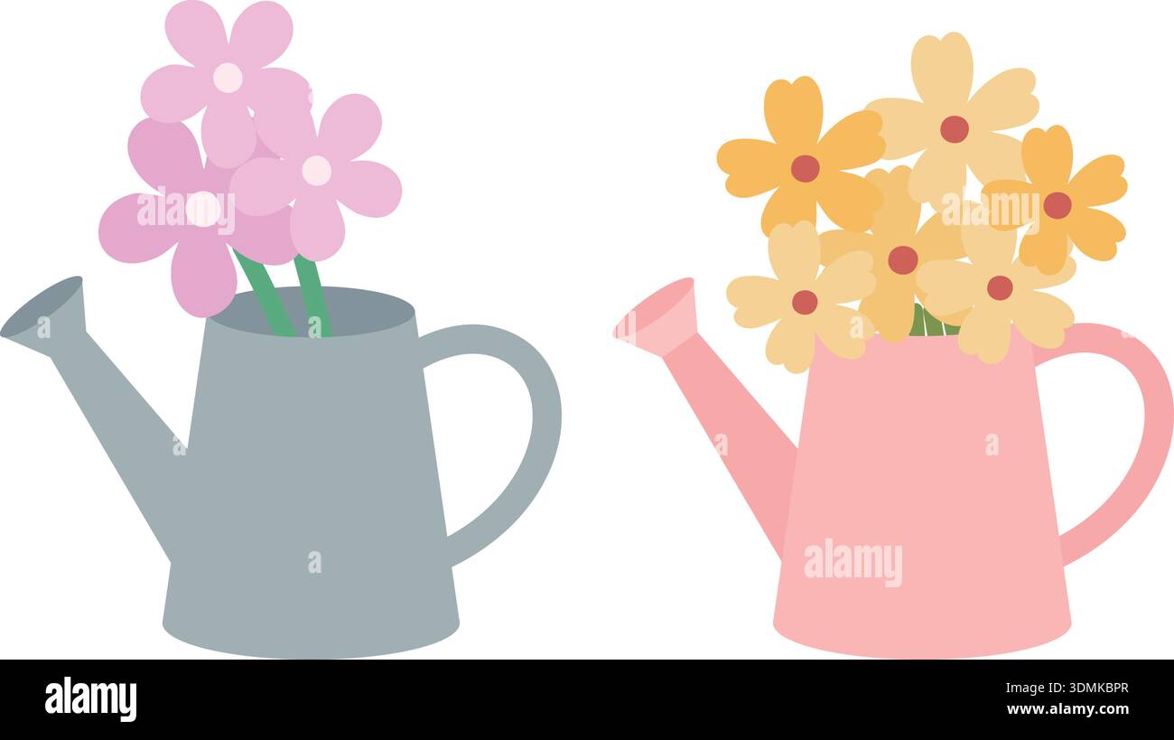 Cute Garden Watering Can with Flowers Flat Vector. Spring Flower ...