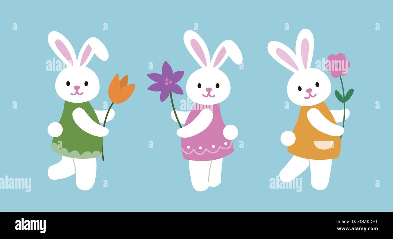 Easter Bunny Characters with Flowers, Cute Cartoon Flat Vector. Cute ...