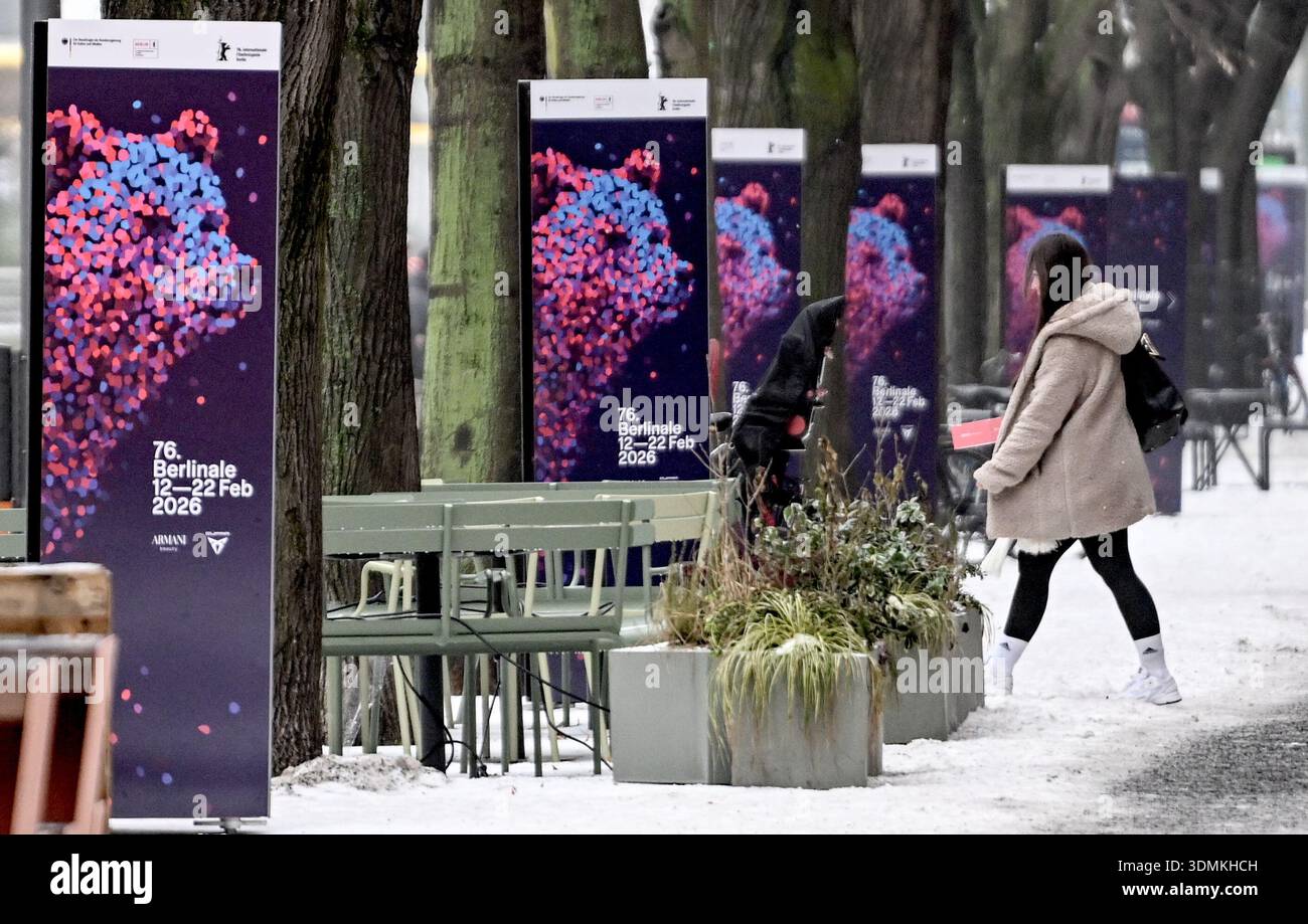 06 February 2026, Berlin: Berlinale posters hanging on the street ...