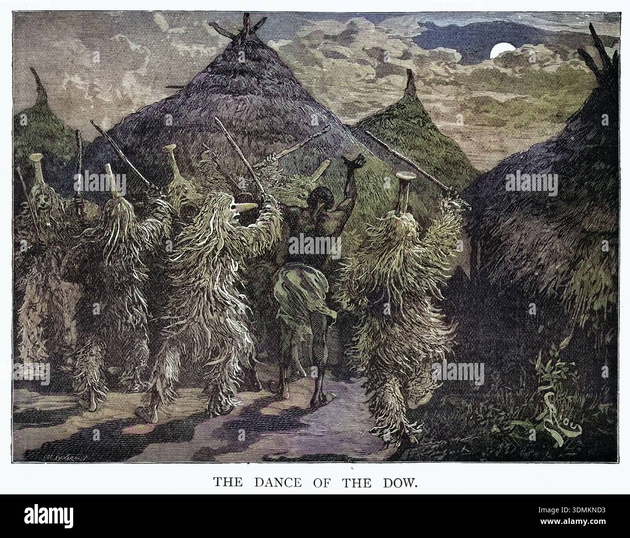 Vintage illustration African tribesmen performing a traditional rain ...
