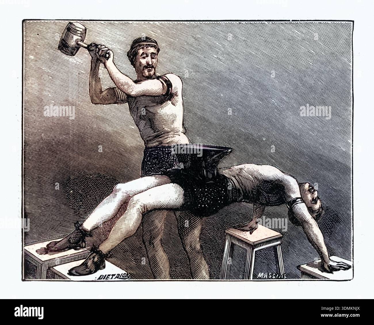 Vintage illustration circus strongman act, using hammer to hit an anvil ...