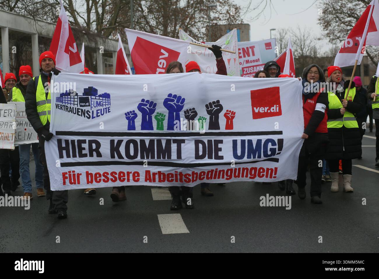 Göttingen, Germany. Februrary 6, 2026. Workers hold a banner at the ...