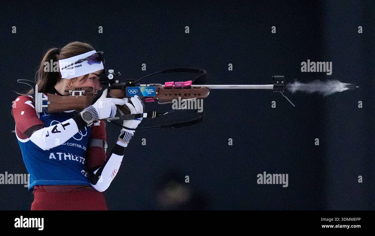 Estere Volfa, of Latvia, participates in a biathlon training session at ...