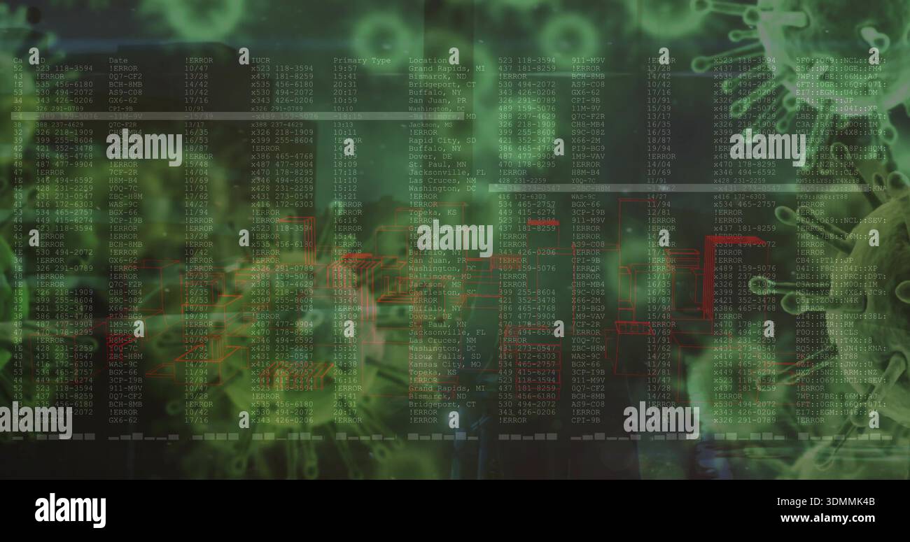 Displaying green terminal columns in digital montage, red-boxed data ...