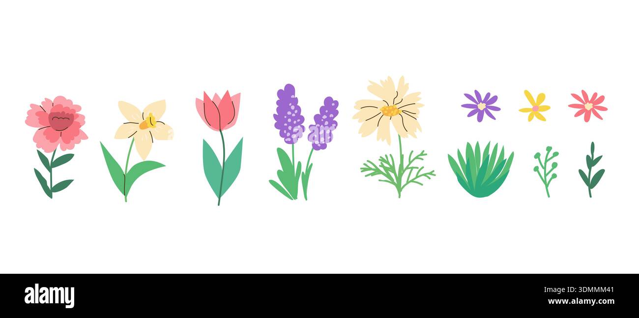 Cartoon spring flowers set. Minimalist spring floral elements of daisy ...