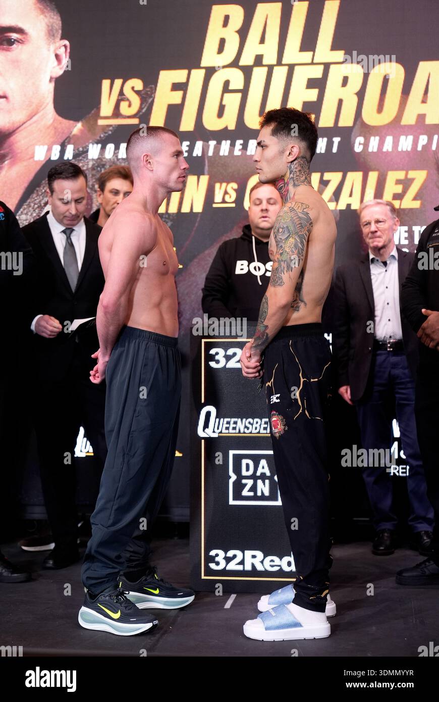 Andrew Cain and Alejandro Jair Gonzalez (right) face off during a weigh ...