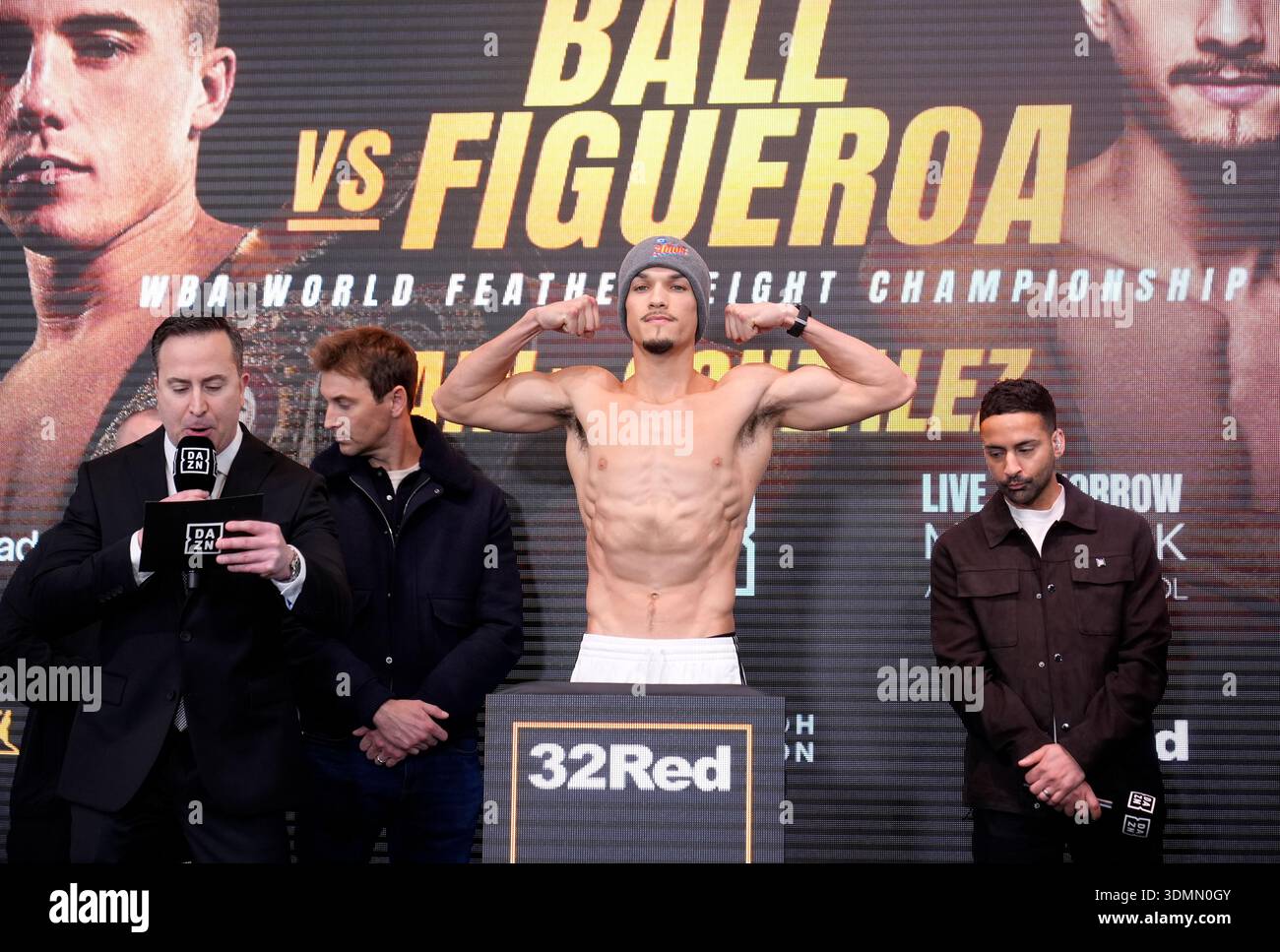 Brandon Figueroa (centre) during a weigh-in at BOXPARK Liverpool ...