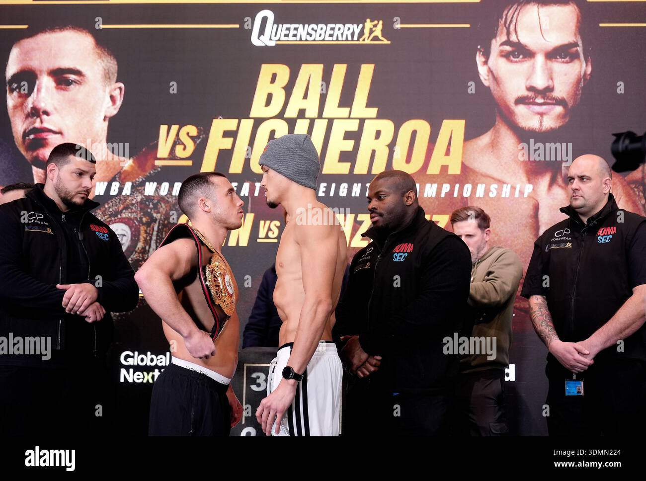 Nick Ball (second left) and Brandon Figueroa face off during a weigh-in ...