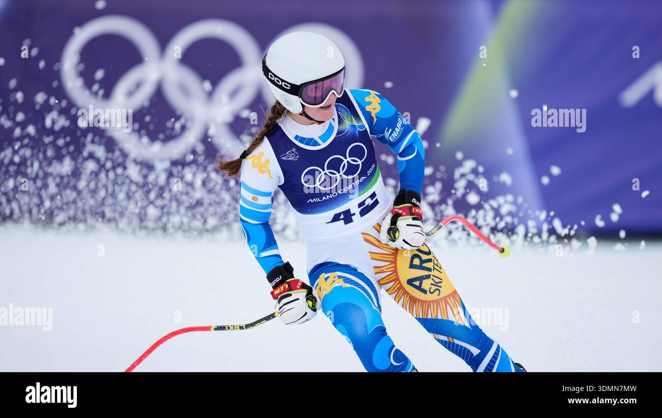Argentina's Nicole Begue at the finish area during an alpine ski, women ...