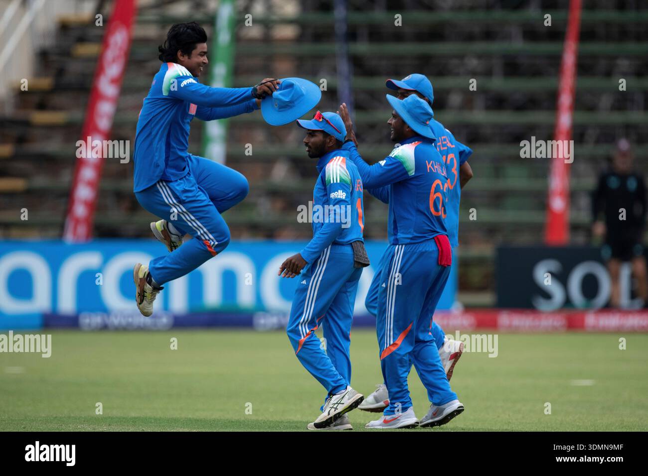 India's players celebrate the winning wicket during the ICC men's Under ...