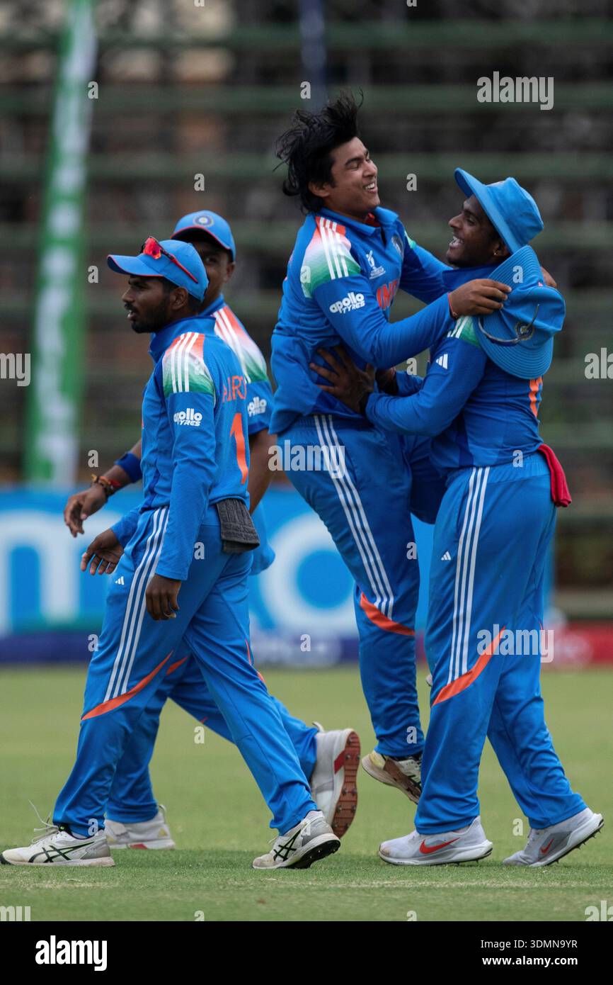 India's players celebrate the winning wicket during the ICC men's Under ...