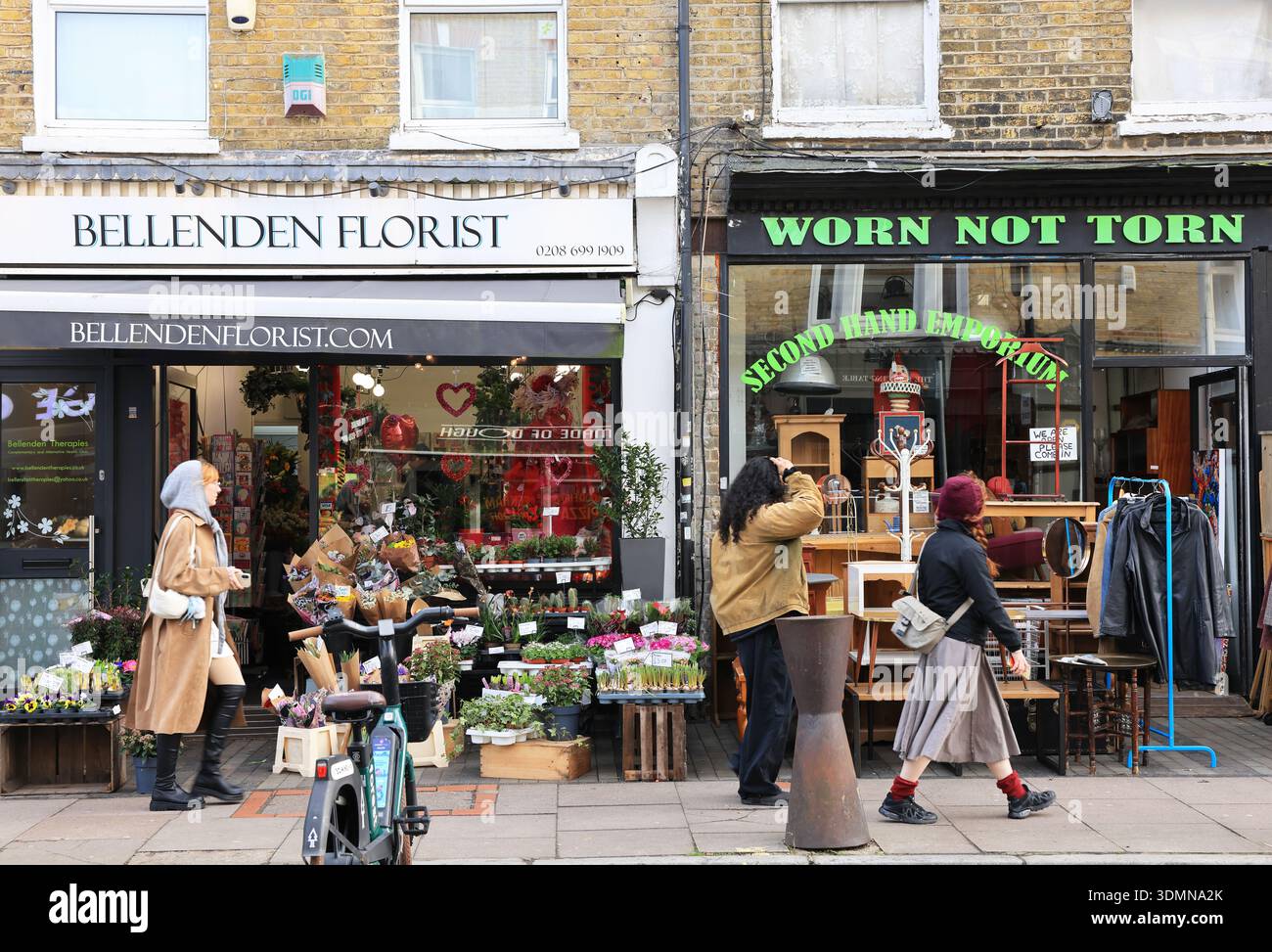 Flower and vintage shops on trendy Bellenden Road in Peckham, SE London ...