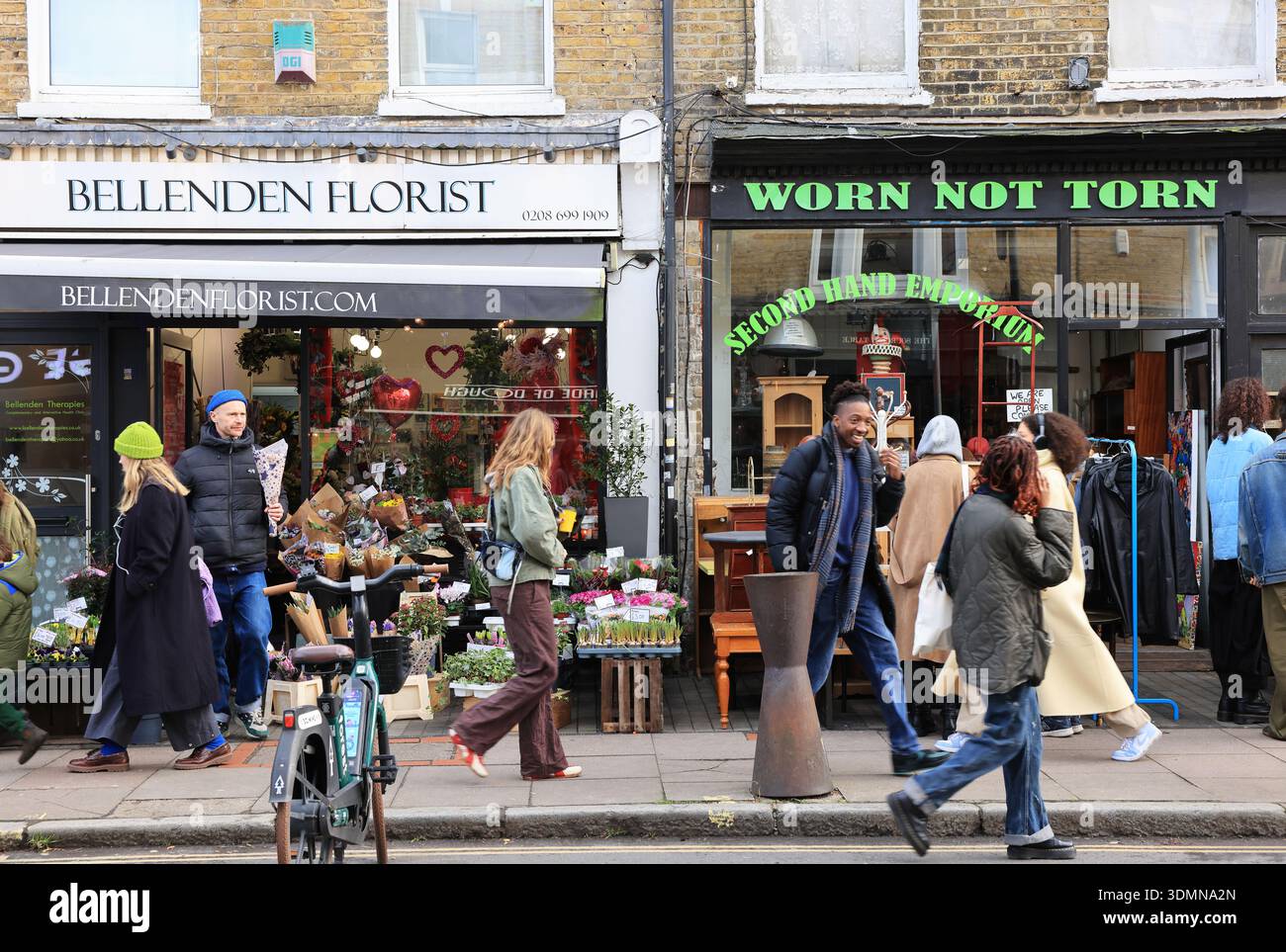 Flower and vintage shops on trendy Bellenden Road in Peckham, SE London ...