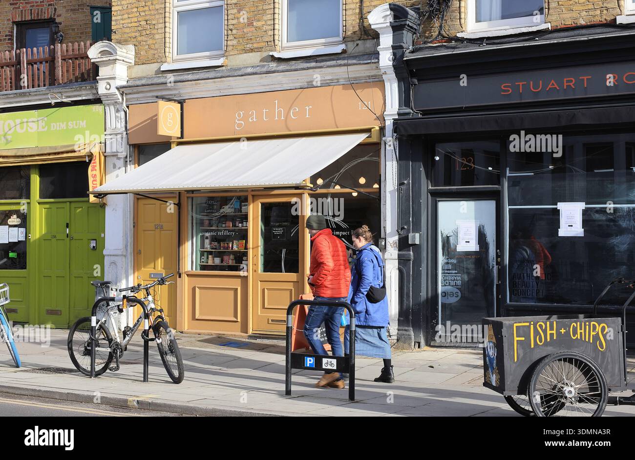 Shops and cafes on trendy Bellenden Road in Peckham, SE London, UK ...