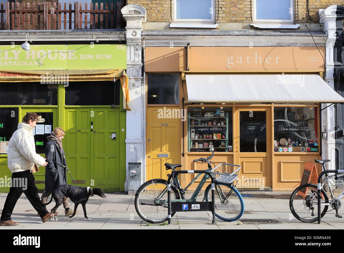 Shops and cafes on trendy Bellenden Road in Peckham, SE London, UK ...