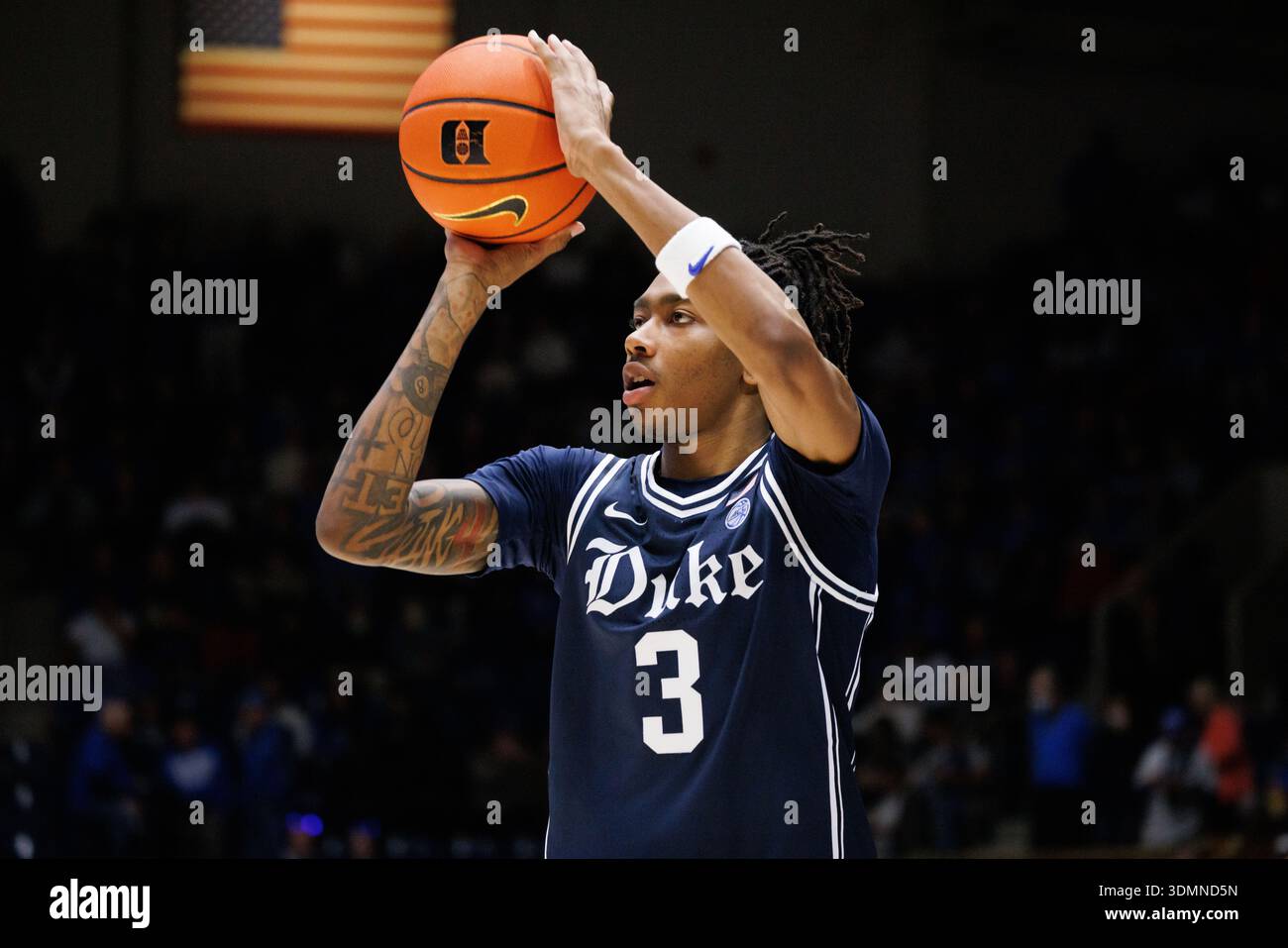 Duke's Isaiah Evans (3) warms up during halftime of an NCAA college ...