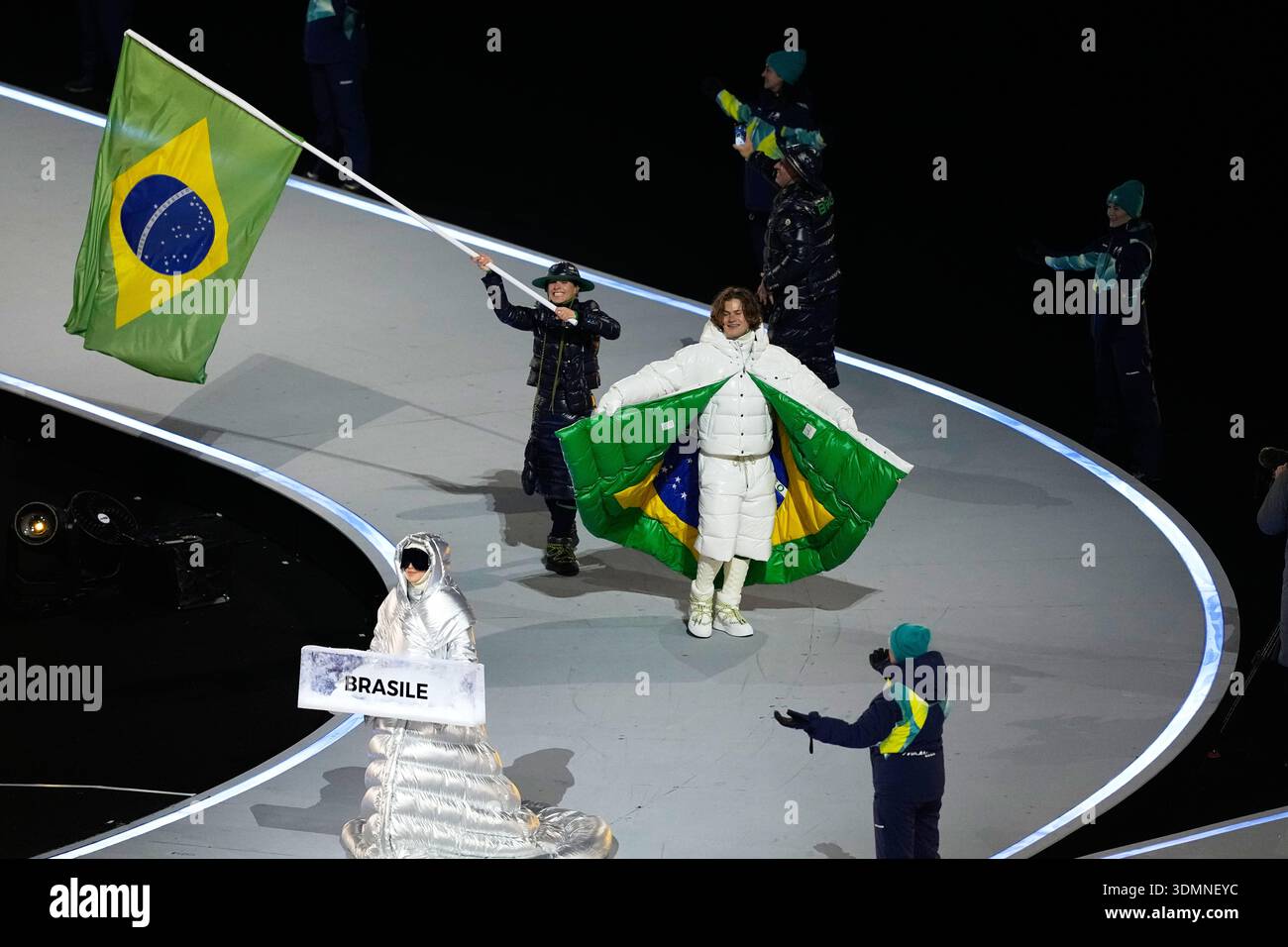 Lucas Pinheiro Braathen of Brazil, center, attends the Olympic opening ...