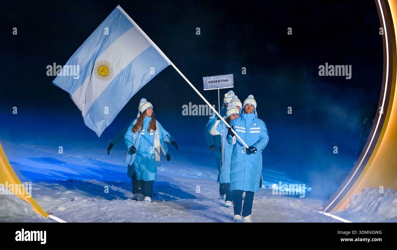 Franco dal Farra, the flag bearer of Argentina, takes part in the ...