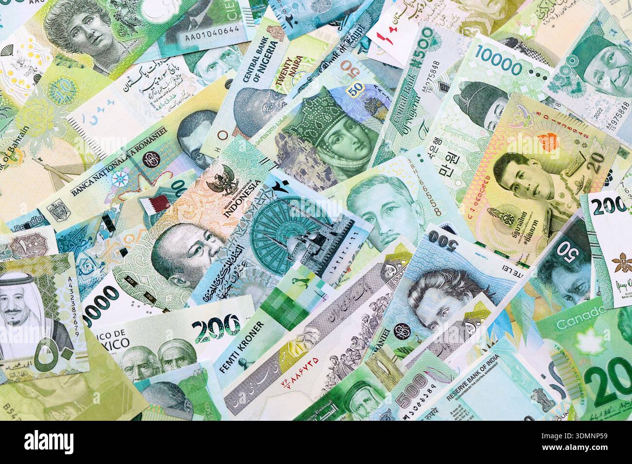Various currencies money bills banknotes in green color. Many cash ...