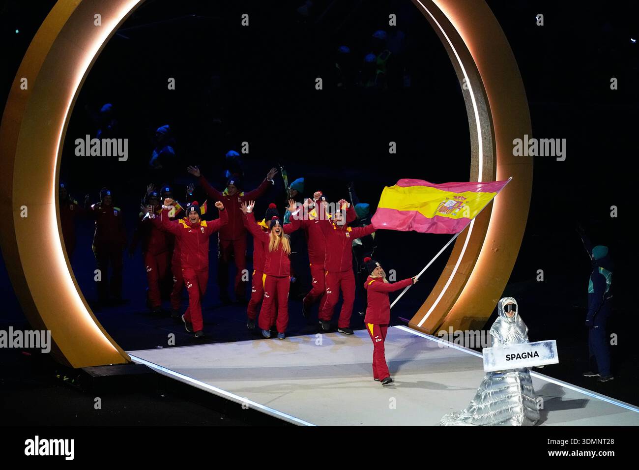 Athletes from Spain attend the Olympic opening ceremony at the 2026 ...