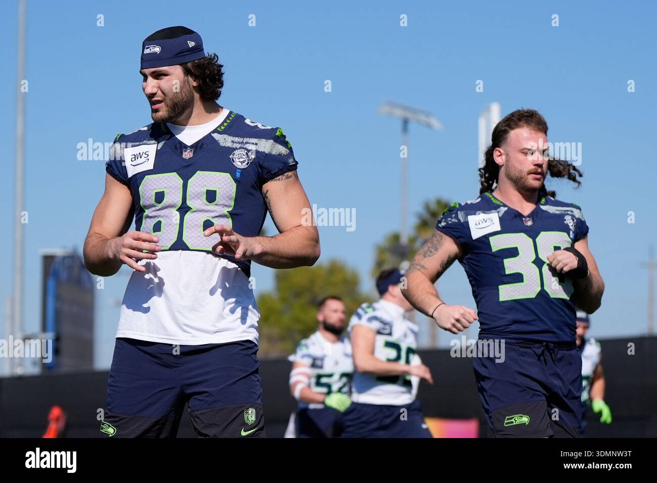 Seattle Seahawks tight end AJ Barner (88) stretches during an NFL Super ...