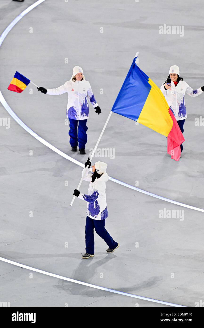 Flag of Romania, Olympic Opening Ceremony, at the Olympic Winter Games ...