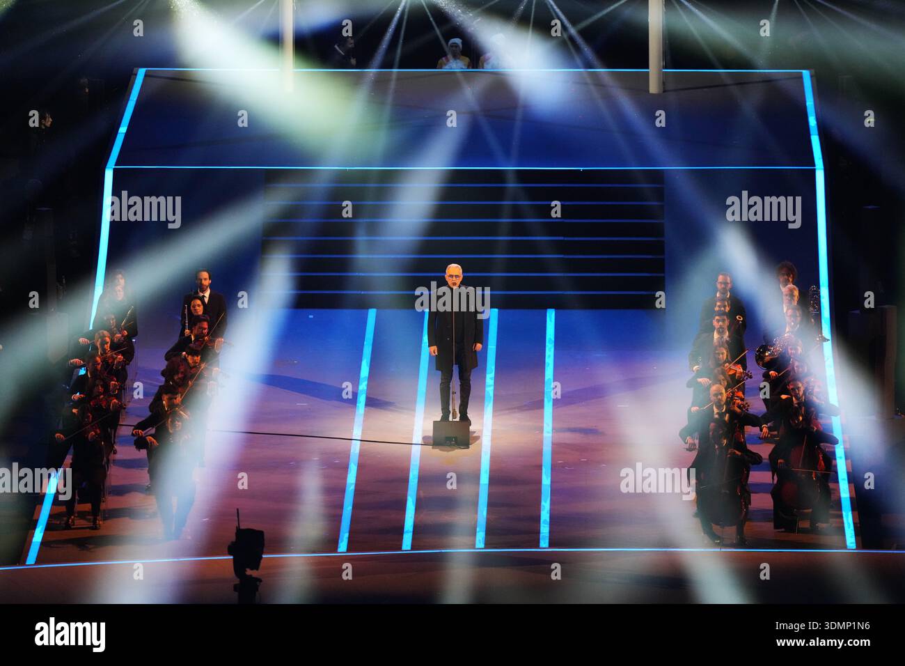 Singer Andrea Bocelli performs during the Olympic opening ceremony at ...