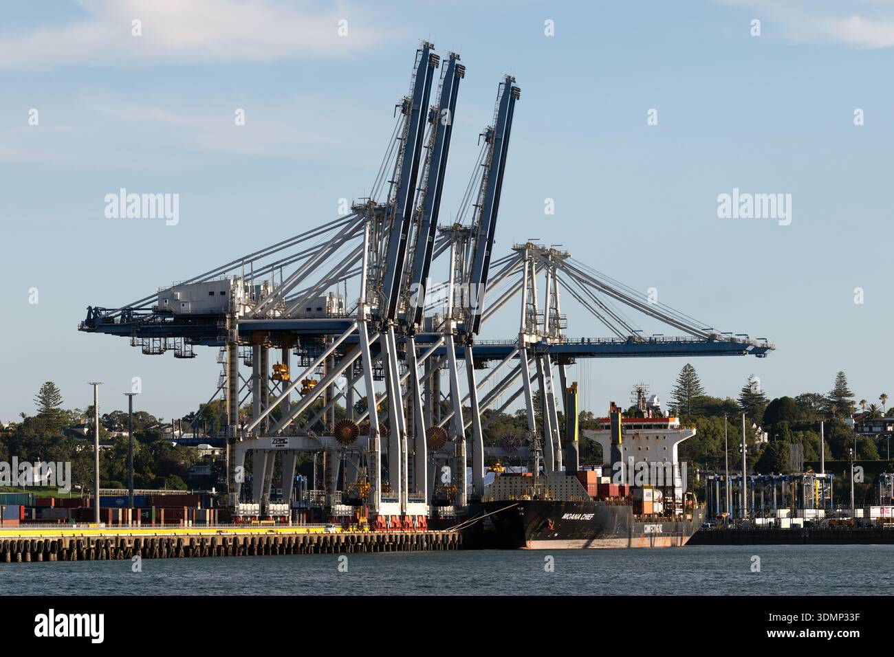 Container ship berthed at the Port of Auckland with ship-to-shore ...