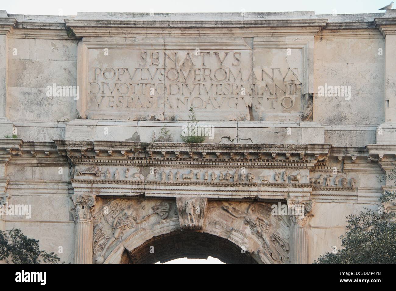 Rome, Italy. A Latin inscription on the Arch of Titus commemorating the ...