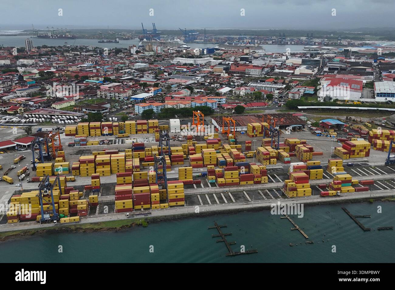 An aerial view of cargo containers stacked at the Cristobal port ...