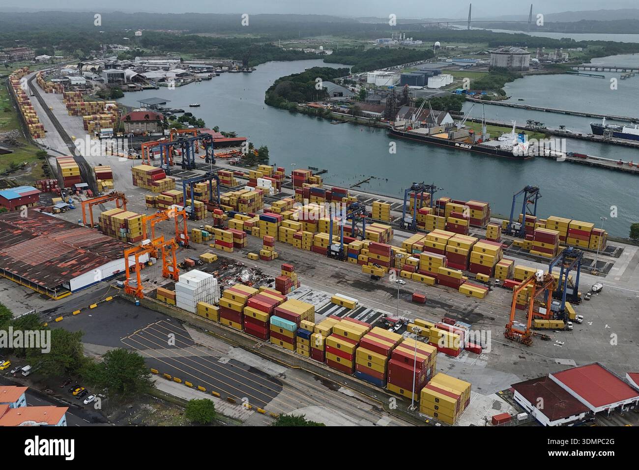 An aerial view of argo containers stacked at the Cristobal port ...