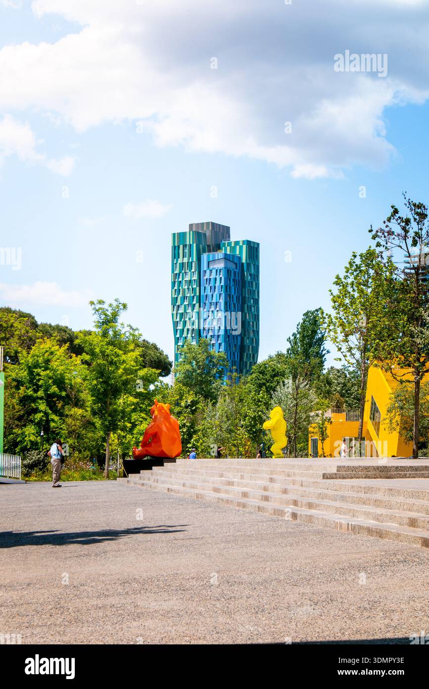 Alban Tower Tirana (ATTI Tower) from the Pyramid of Tirana, Albania ...