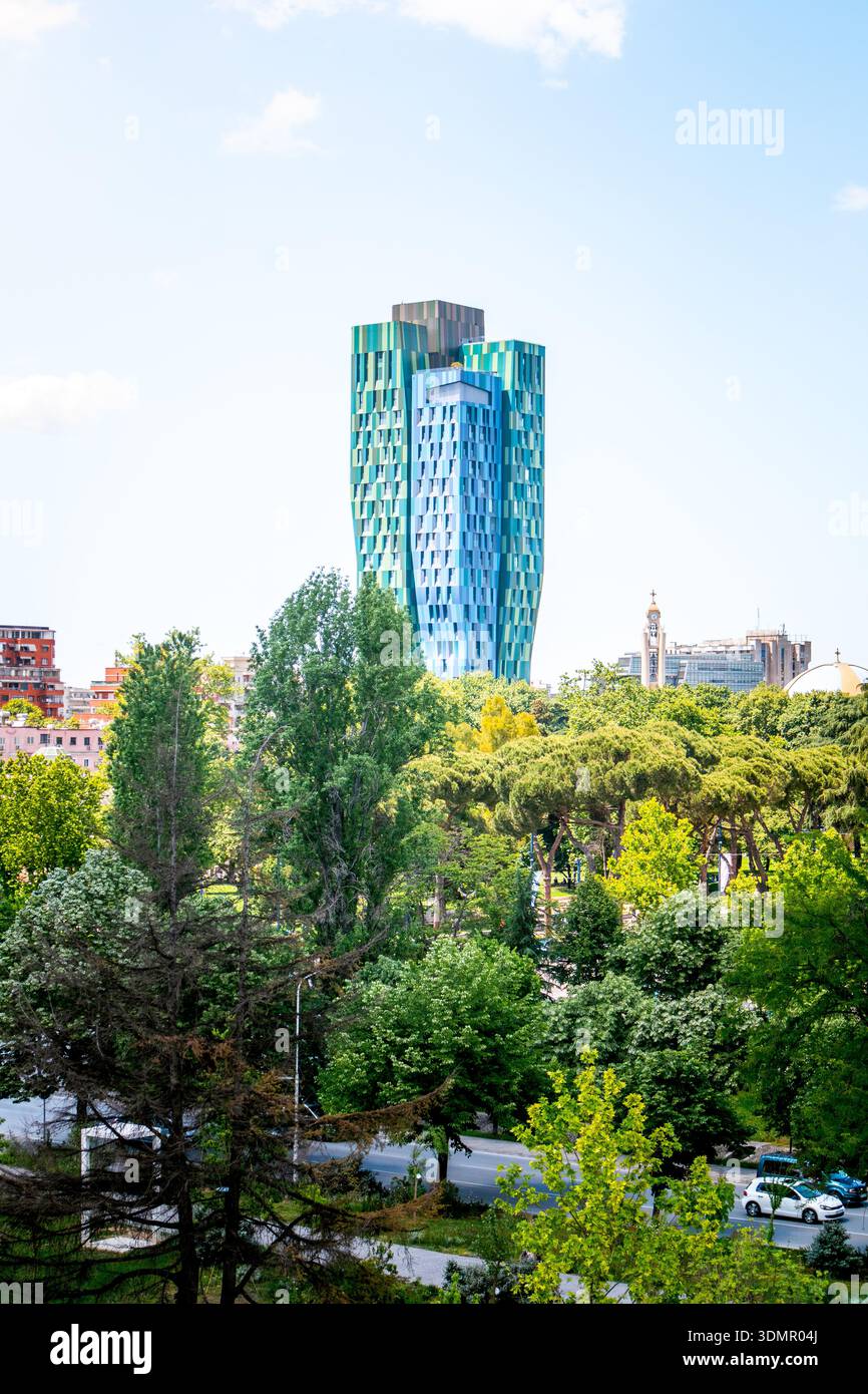 Alban Tower Tirana (ATTI Tower) from the Pyramid of Tirana, Albania ...