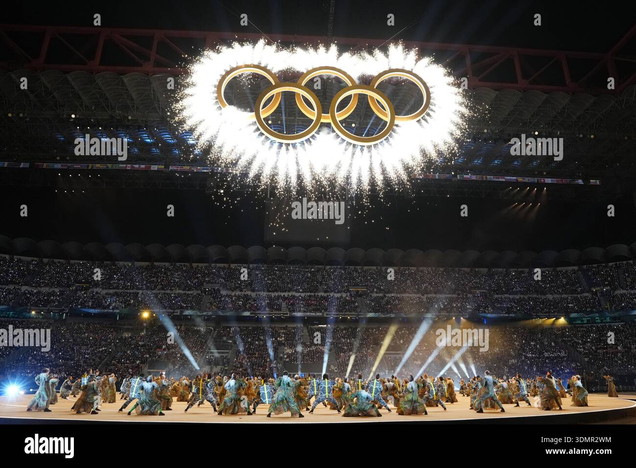 The Olympic rings hang over the stage during the opening ceremony of ...