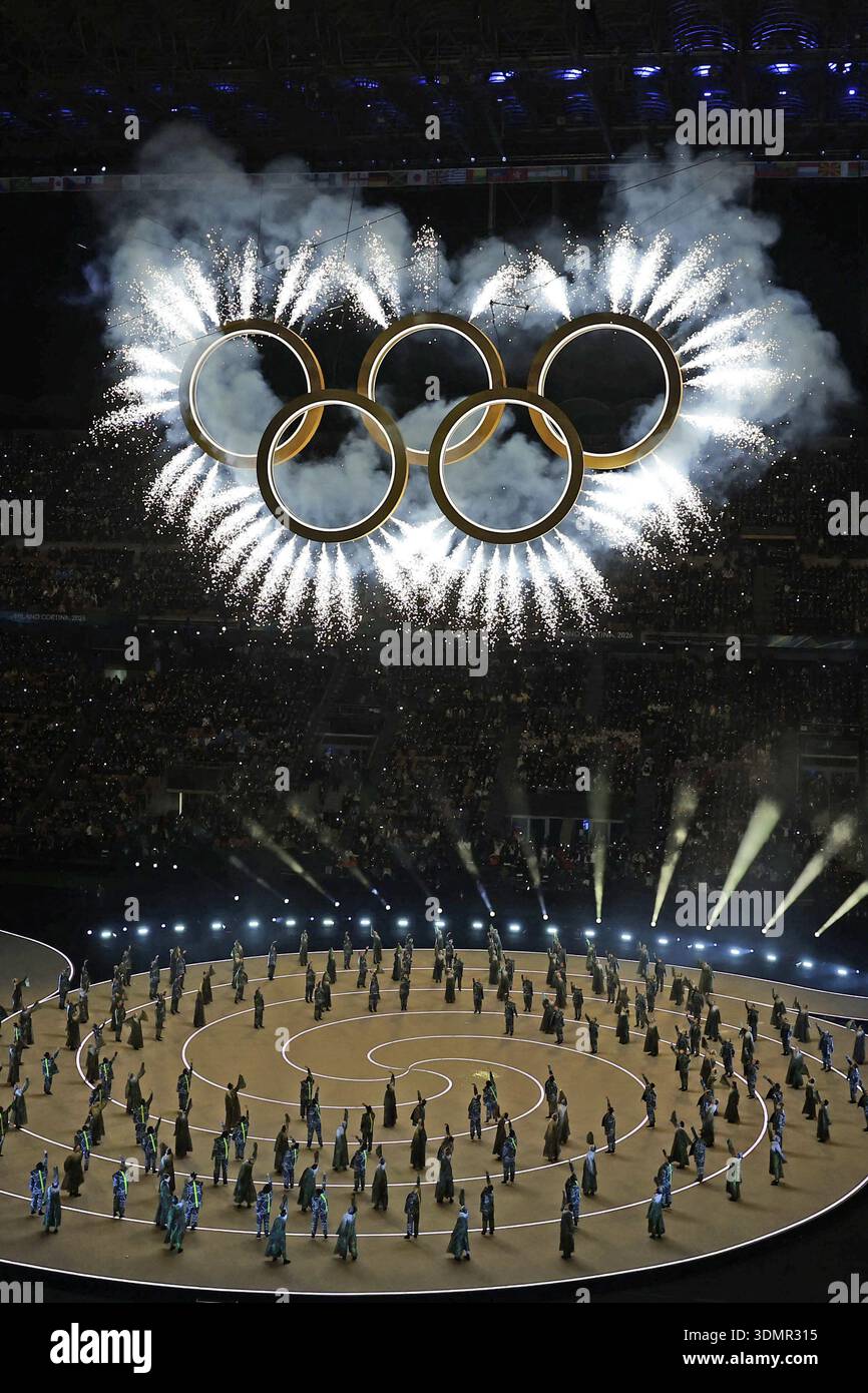 The Olympic rings hang over the stage during the opening ceremony of ...