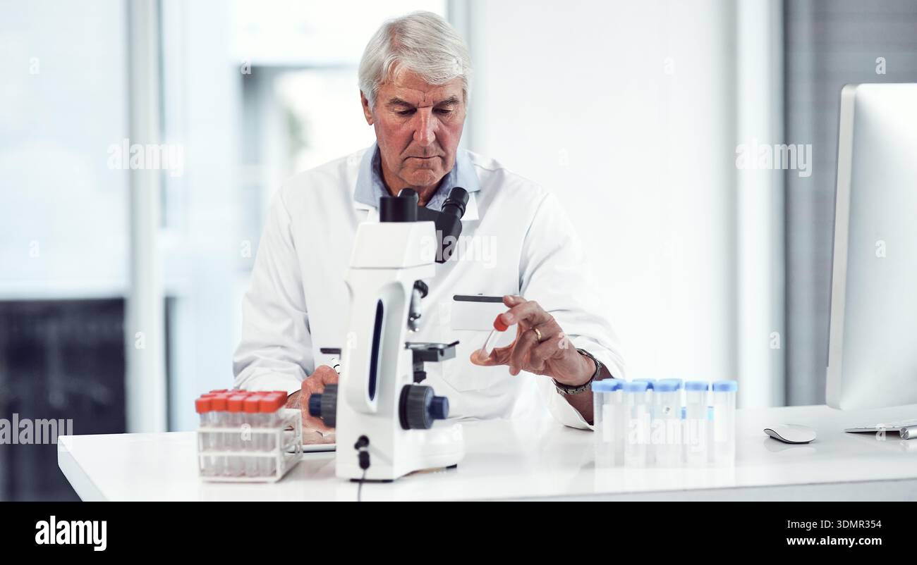 Mature man, scientist and test tube in lab for research, chemical ...