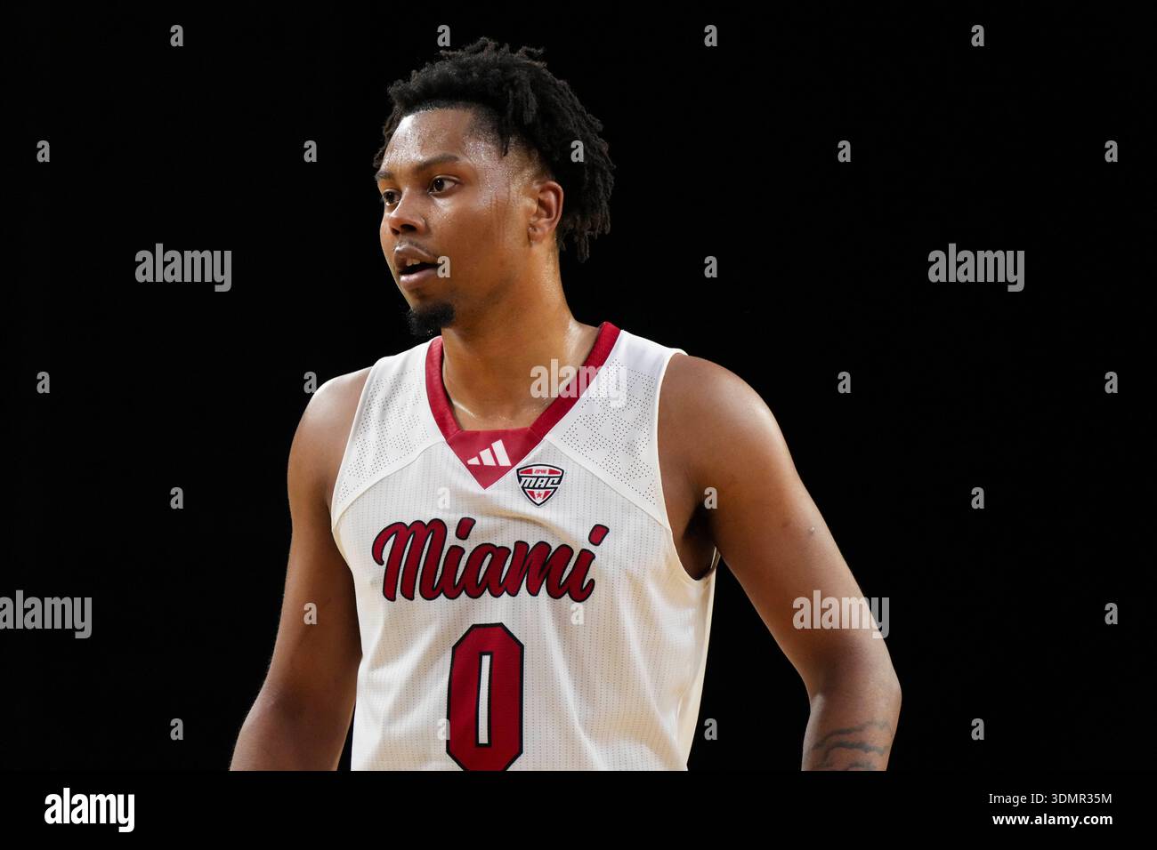 Miami (OH) forward Eian Elmer (0) looks on during an NCAA college ...