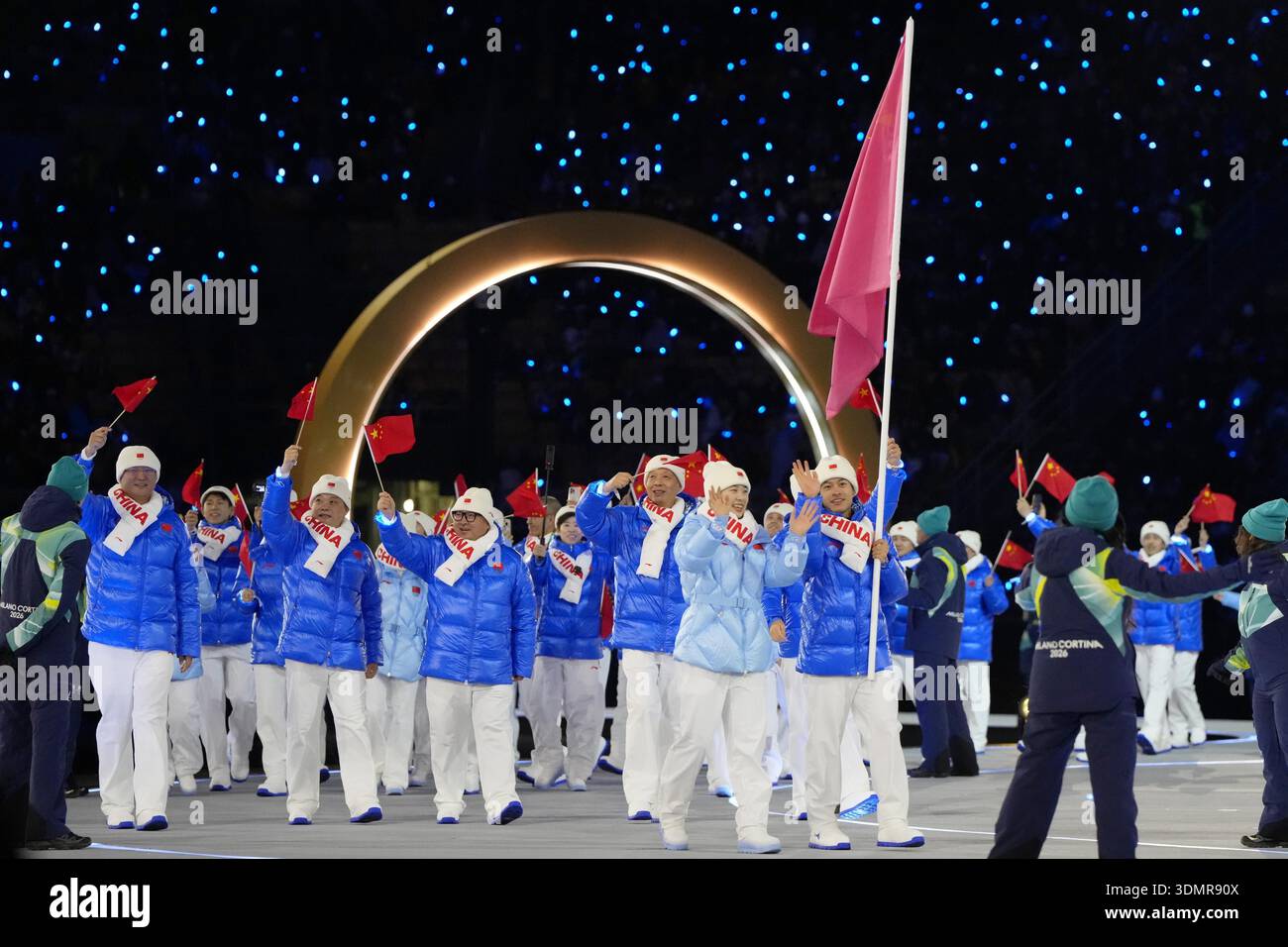 Chinese athletes march during the opening ceremony of the Milan Cortina ...
