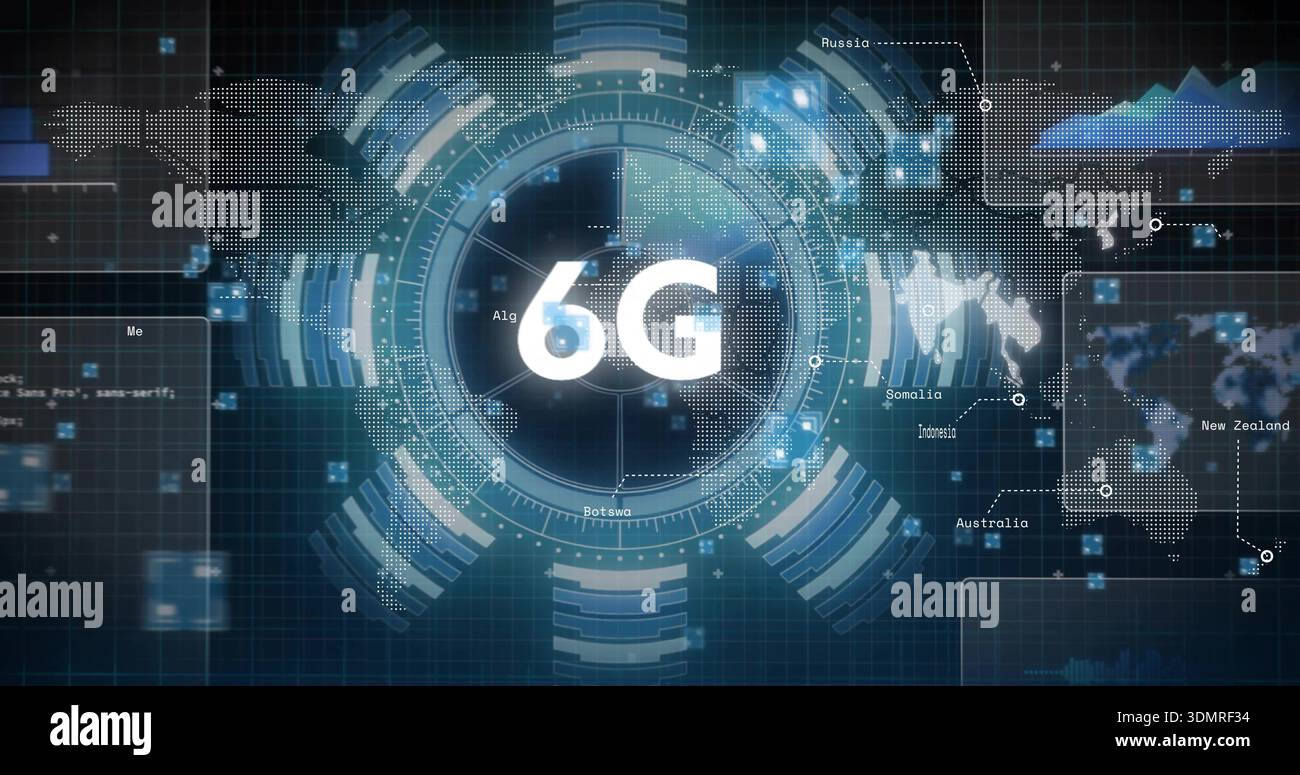 Showing 6G emblem pulsing within HUD rings over dark grid, dotted map ...